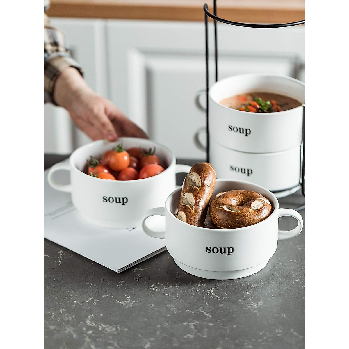 LAUCHUH Soup Bowls Porcelain Soup Crocks with Handles Stackable Soup Mugs for French Onion Bowl Set with Serving Stand 27 ounces for Salad Cereal Fruit