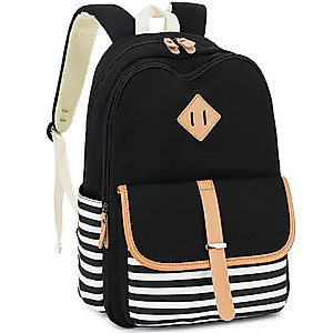 Leaper Women Striped Canvas Backpack Large Laptop Bag Girls Travel Shoulder Bag bag Daypack Black