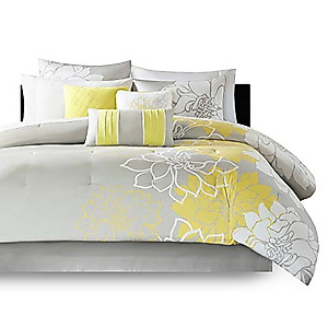 Madison Park Lola Sateen Cotton Comforter Set-Casual Medallion Floral Design All Season Down Alternative Bedding, Shams, Bedskirt, Decorative Pillows, Queen(90"x90"), Grey/Yellow, 7 Piece
