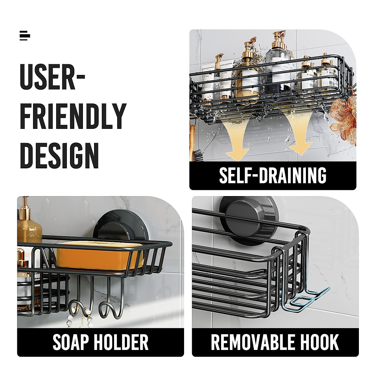 LEVERLOC Shower Caddy Suction Cup, 2 Pack Shower Shelves for Inside Shower with Hooks & Soap Holder, NO-Drilling Shower Organizer, Rustproof Shower Caddies Storage, Black