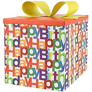 BIOBROWN Medium Birthday Gift Boxes with Lids for Presents, 9x9x9 Inches Text Happy Birthday Design Collapsible Gift Box for Birthday, Baby Shower, Party