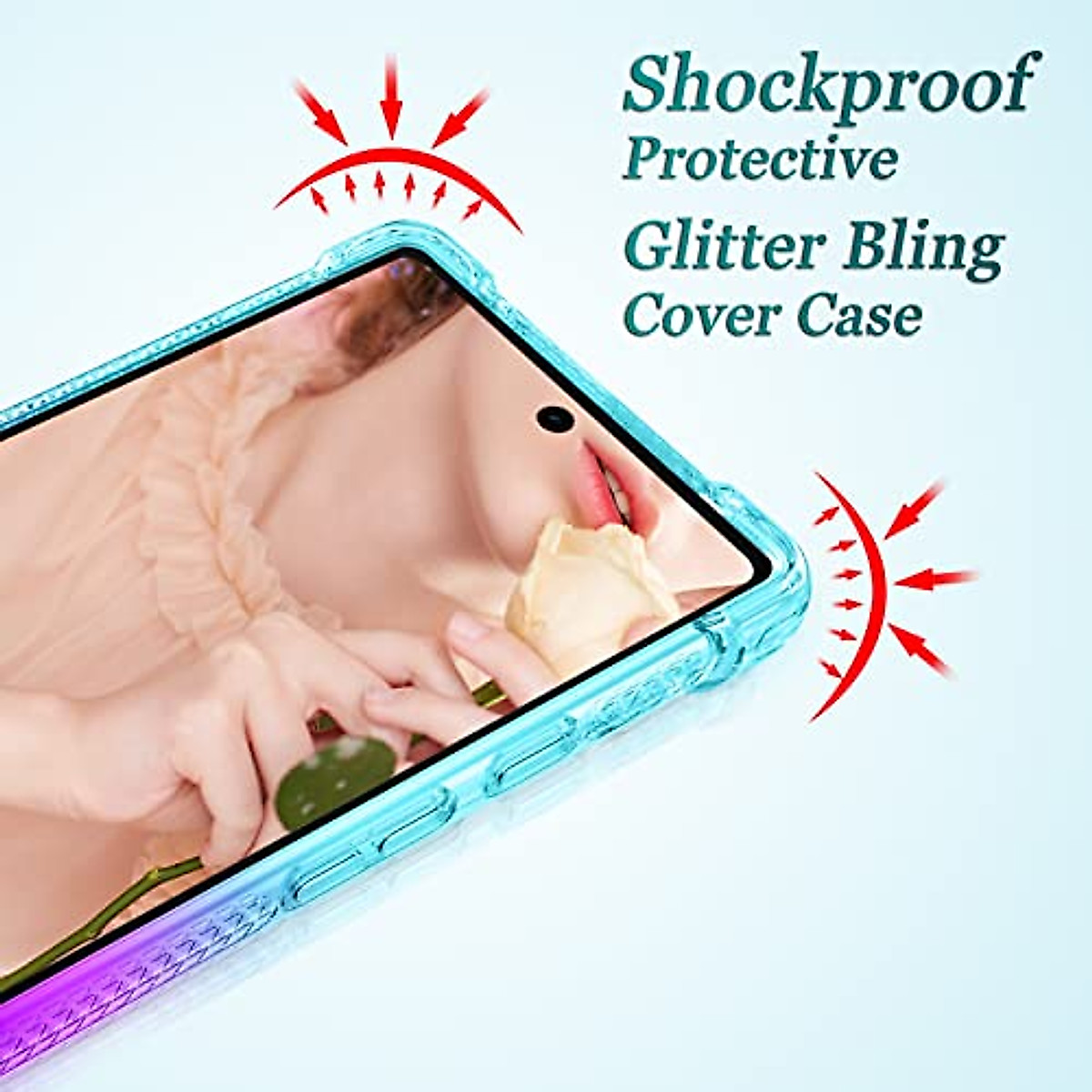 Dzxouui Pixel 6A Case, Glitter Quicksand, Glass Screen Protector, Reinforced TPU Cover - Teal/Purple