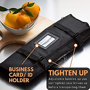Chef’s Knife Roll Bag (14 slots) Holds 10 Knives PLUS Meat Cleaver, Utility Pocket, AND 4 Tasting Spoons! Our Durable Knife Carrier Includes Shoulder Strap and Name Card Holder. (Knives Not Included)