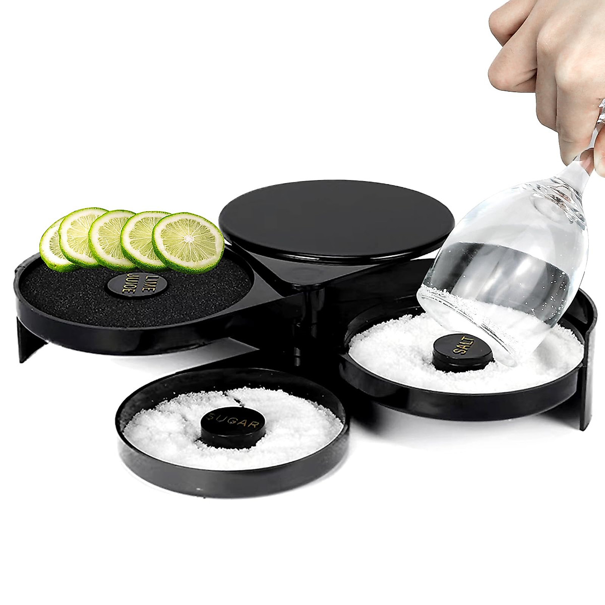1 Pack 3 Tier Bar Glass Rimmer for Cocktail and Margarita Salt Rimmer Set with Sponge,Bar Accessories for The Home bar Set Plastic Bartender Tool for Margarita Salt,Black