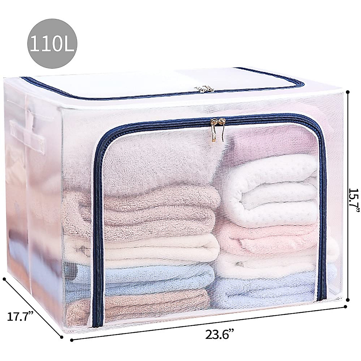 Bestunihom PVC Clear Window Storage Box,Waterproof Storage Organizers Clothing,Quilts,Kids toys, Books,Office Storage Bins Reinforced Handles,Pack of 3 Blue 110L SNX-JWB013PBL110