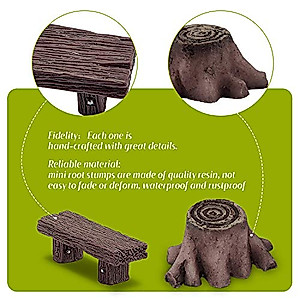 12 Pieces Miniature Fairy Garden Ornaments, Includes 6 Pieces Retro Wooden Style Benches, 6 Pieces Artificial Mini Root Stump for Moss Terrariums Landscape Dollhouse Accessories Decorations