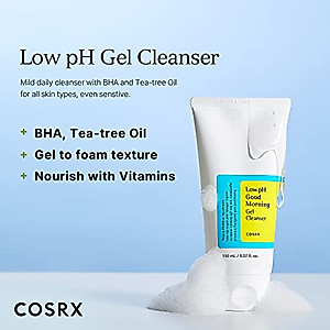COSRX Low pH Good Morning Gel Cleanser, 5.07 fl.oz / 150ml, Daily Mild Face Cleanser for Sensitive Skin with BHA and Tea-Tree Oil, PH Balancing, Anti Breakouts, No Parabens, No Sulfates, Korean Skincare