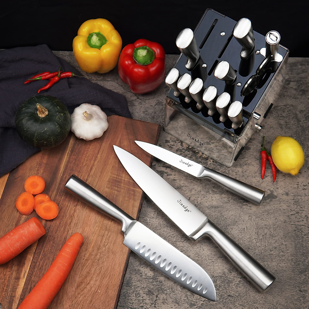 Kinfe set, Jiaedge Kitchen Knife Set with Block, 15-PC German High Carbon Stainless Steel Chef Knives Set for Kitchen with Block, Dishwasher Safe Steak Knives, Acrylic Stand, Knife Sharpener, Silver