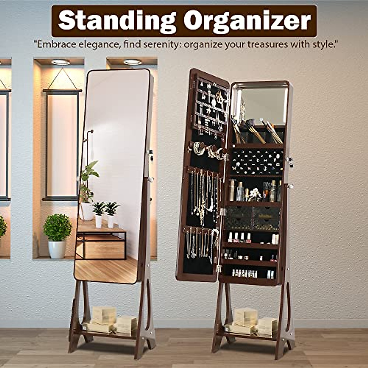 MASMIRE Standing jewelry Armoire organizer,Full Length mirror with storage (Brown, 63 * 14.5)