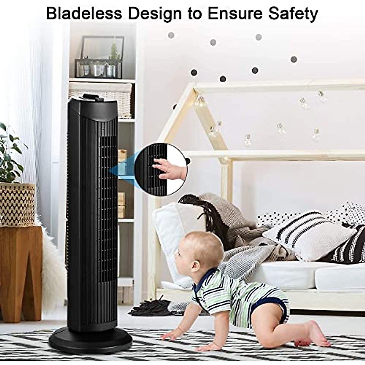 FANTASK Tower Fan, 28 Inch Quiet Oscillating Fan , 3 Wind Speeds & Modes, Bladeless Standing Cooling Fan, Air Circulator Fan for Home Office Kitchen, Floor Fan for Bedroom Room (Black)