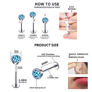 VOJO Flat Back Stud Earrings 20G G23 Titanium CZ Hypoallergenic Threadless Cartilage Piercing Jewelry for Women (20G 6mm, Blue CZ)