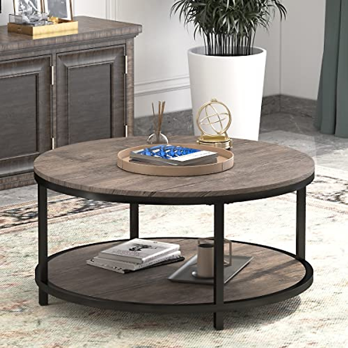 WiberWi Round Coffee Table 35.8" Rustic Vintage Industrial Design Furniture Sturdy Metal Frame Legs Sofa Table Cocktail Table with Storage Open Shelf for Living Room, Easy Assembly, Gray Brown1