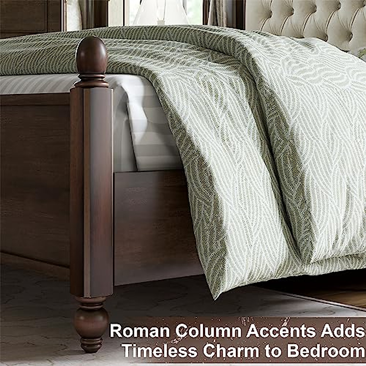 AMERLIFE Solid Wood Bed Frame Queen Size, Transitional Platform Bed with 52.5" Upholstered Tufted Headboard, Rubberwood/Roman Column Accents/Wood Slat Support/No Box Spring Needed