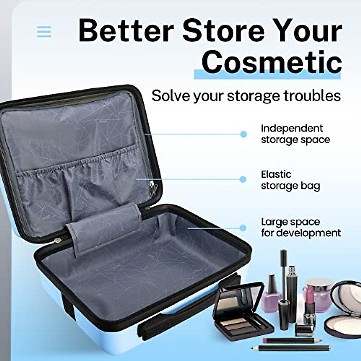AnyZip Cosmetic Travel Case Hard Shell Portable Small Makeup Suitcase Hand Luggage Carrying Bag 14Inch LightBlue