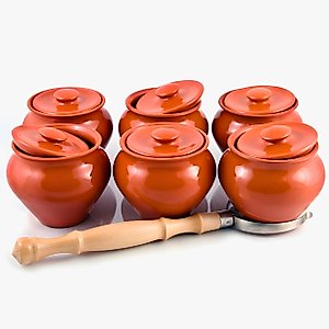 Set of 6 Natural Clay Stoneware Baking Pots with Oven Fork (0.5-Qt each) Stoneware Ramekins with Lids & 1 Oven Fork - 16.9 fl oz (500 ml) - Clay Pots for Cooking, Dutch Oven Pot With Lid