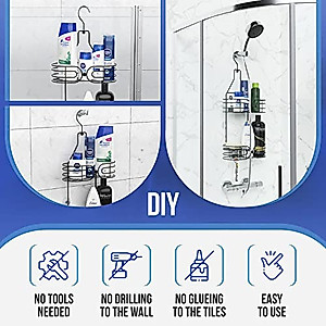 SKATCO Hanging Shower Caddy - 2-Tier Rust-Resistant Stainless Steel Shelves Chrome Rack Organizer Bathroom Basket Storage Holds Shampoo, Conditioner, Soap, Bath Sponge, Razors, Washcloths - BLACK