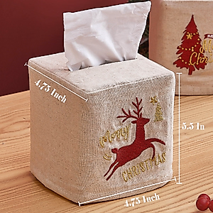 Christmas Linen Tissue Box Cover - Square Embroidered Gifts Boho Cube Holder for Bathroom Rectangle Cover Set Merry Xmas