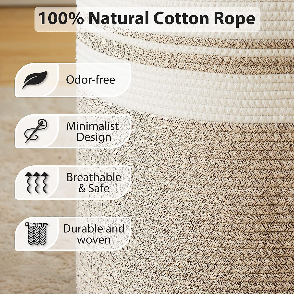 Fiona's magic Large Laundry Hamper, Tall Woven Storage Basket for Blankets, Cotton Baby Nursery Hamper, Toys and Dirty Clothes in Bedroom and Living Room Organizing - 58L Brown & White