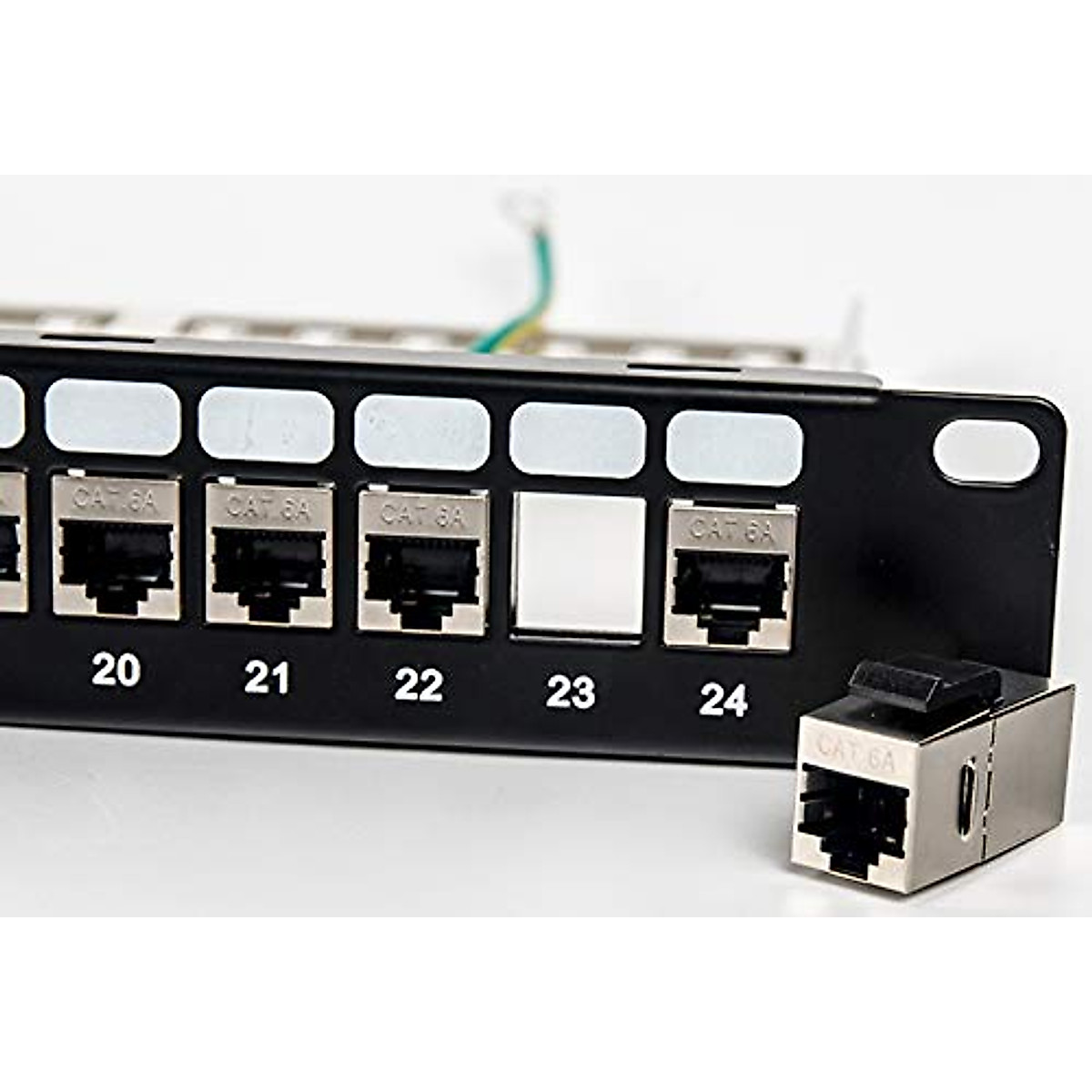 Detroit Packing Co. 24 Port CAT6A RJ45 Through Coupler Patch Panel with Back Bar, Wallmount or Rackmount, Compatible with Cat5, Cat5e, Cat6, Cat6A, UTP STP Cabling (CAT6a Shielded, 24-Port)