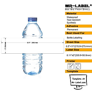 Mr-Label 8.11"×2" Waterproof Matte White Water Bottle Labels – for Inkjet/Laser Printer – Self-Adhesive Wraparound - for Wedding|Baby Shower|Corporate Event (10 Sheets Total 50 Labels)
