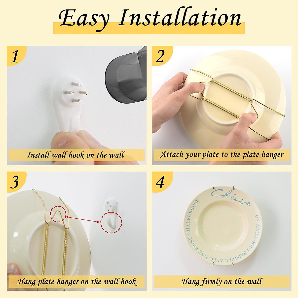 COIDEA 3 Pieces Plate Hangers for Wall, 6 8 10 Inch Plate Hangers, Stainless Steel Invisible Wire Plate Holder with 3 Pack Wall Hooks, Compatible 5 to 10.5" Decorative Antique Plates and Arts