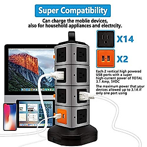 Power Strip Tower, Lovin Product Surge Protector Electric Charging Station, 14 Outlet Plugs with 4 USB Slot 6 feet Cord Wire Extension Universal Charging Station (Large)