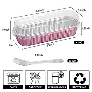 Ruckae 100 Pack Mini Loaf Pan Mini Loaf Baking Pans with Lids and Spoons,Disposable Aluminum Foil Pans, Rectangle Tin Foil Pans with Lids for Home, Pary, Picnics (Pink)