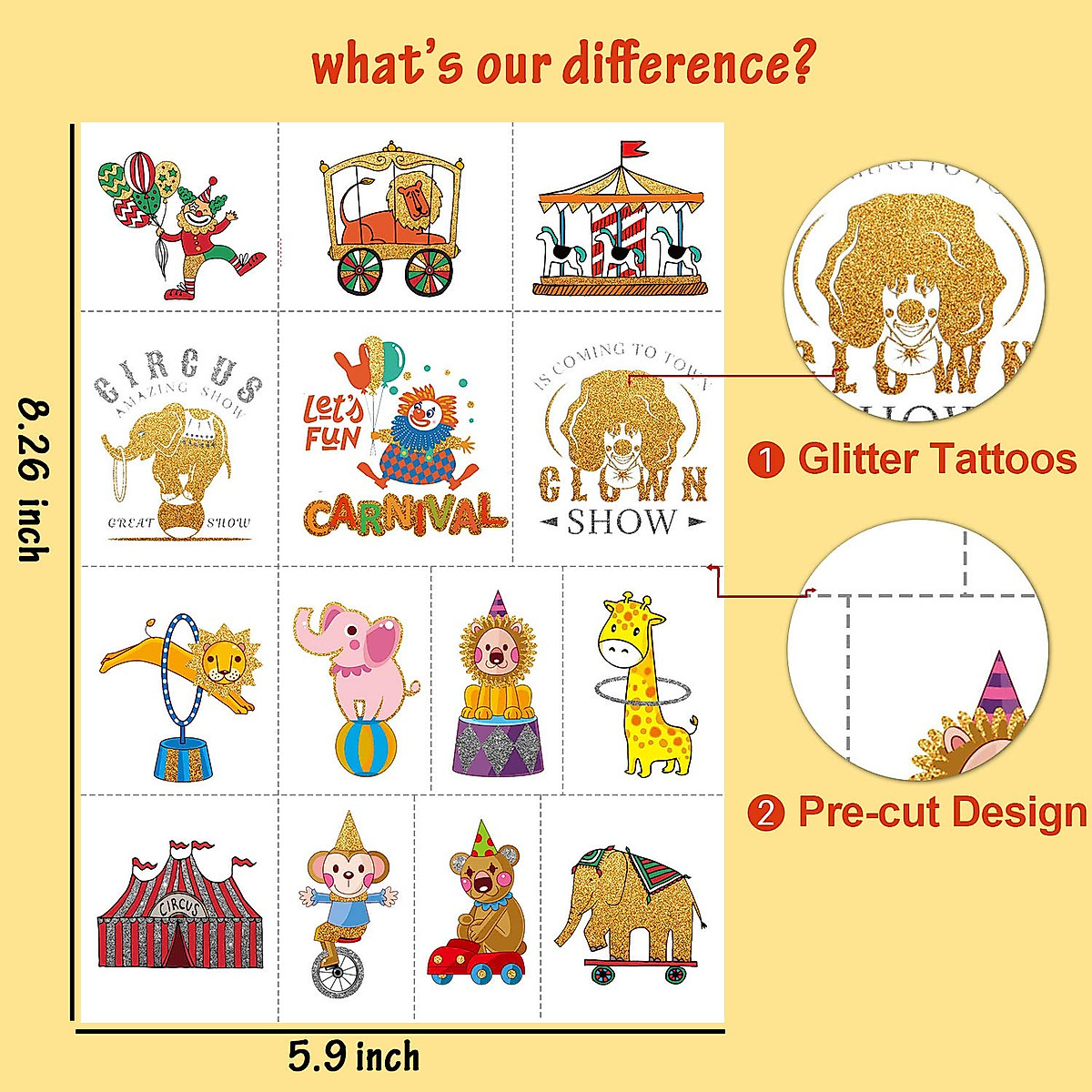 Partywind 32 Styles Circus Metallic Glitter Temporary Tattoos for Kids, Circus Theme Party Supplies Favors Decorations,Halloween Games Prize Goodie Bags (2 Sheets)