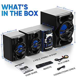 3-Piece Wireless Bluetooth Stereo System - 1000 Watt DVD Shelf System for Home with DVD Player, MP3, USB, FM Radio, Bass Reflex Speaker, and Remote Control, Compact & Portable - PHSKR14.5