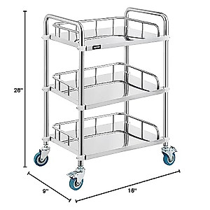 VEVOR Shelf Stainless Steel Utility Cart Catering Cart with Wheels Medical Dental Lab Cart Rolling Cart Commercial Wheel Dolly Restaurant Dinging Utility Services (3 Shelves)