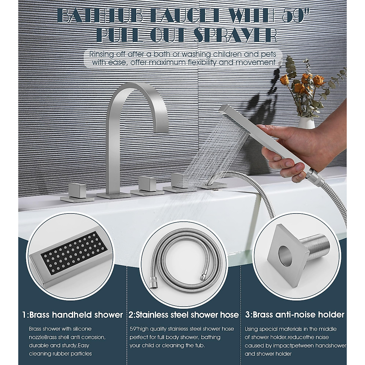 Roman Bathtub Faucet Set with Handheld Sprayer and Rough-in Valve Widespread Deck Mount 5 Hole Classic High Arch Tub Faucets Trim Kit 3 Handle with Diverter Lever Bath Tub Filler (Black)