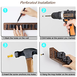 OUTNILI 2 Pack Mop Broom Holder Wall Mount - Rustic Wood Broom Mop Hanger - Wall Mounted Garden Tool Rack Organizer for Closet Garage Laundry Room Farmhouse Kitchen Decor with 4 Slots & 4 Hooks