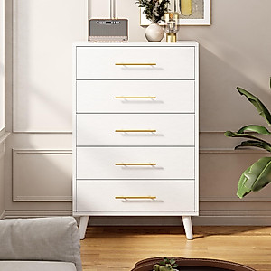 Aiho 5 Drawer Dresser for Bedroom, Tall Chest of Drawers with Metal Handles, Wood Storage Organizer Dresser Nursery Dresser, for Living Room/Hallway/Entryway, White