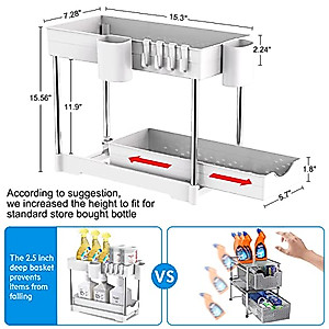 2 Pack Under Sink Organizers and Storage Pull Out Drawers,2 Tier Sliding Under Cabinet Organizer, Bathroom Organizer Under Kitchen Sink Storage, Under Sink Shelf Baskets with 4 Cups 8 Hooks.White…