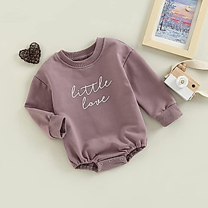 FYBITBO Baby Girl Boy Crewneck Sweatshirt Bubble Romper Long Sleeve Shirt Onesie Valentines Day Outfit Fall Clothes (Little Love Pale Purple,0-3 Months)