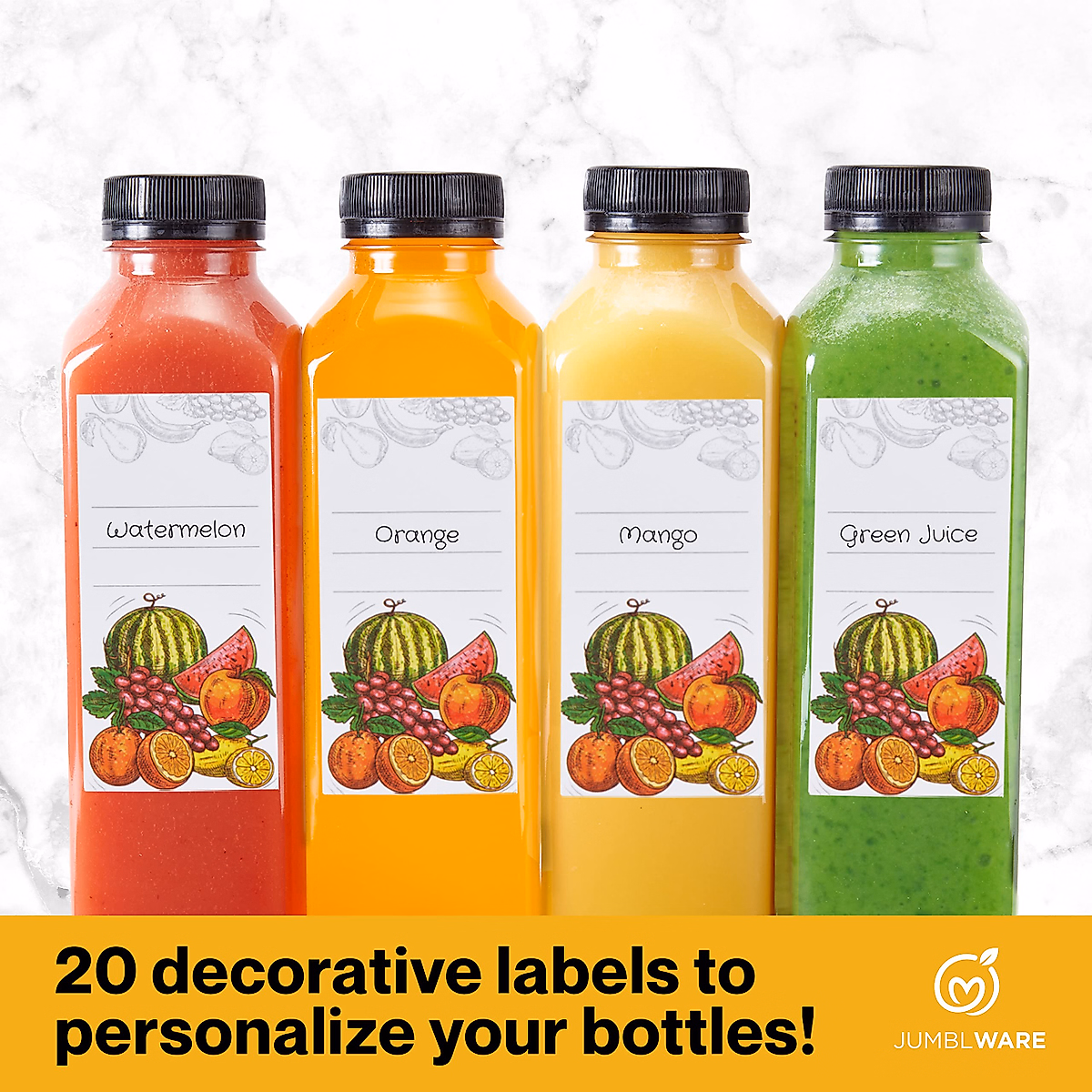 JumblWare Juice Bottles 20 Clear Plastic 16oz Reusable Bottles w/Funnel, Cleaning Brush, & Labels for Work, Gym, Home, & Catered Events Recyclable, Disposable, Shatterproof, BPA-Free Made in USA