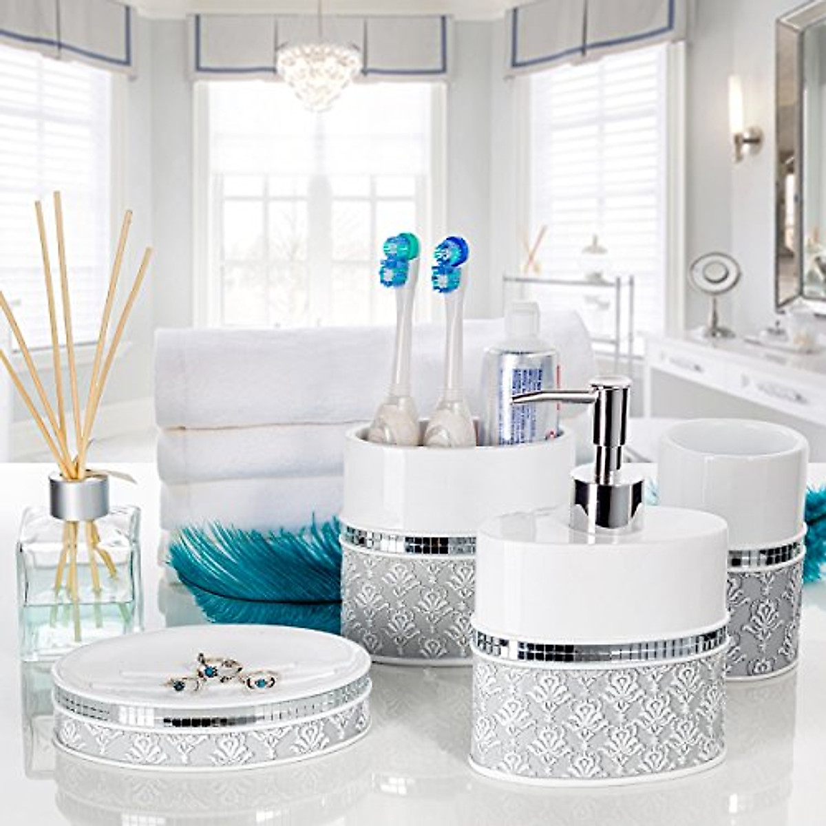 Creative Scents White And Gray Bathroom Accessories Set - Decorative 6-piece Bathroom Set Includes: Trash Can, Tissue Cover, Soap Dispenser, Soap Dish, Toothbrush Holder & Tumbler, Mirror Damask Style