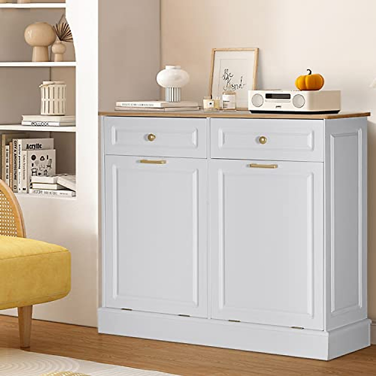 Anbuy Double Kitchen Trash Cabinets Dual Tilt Out Trash Cabinet with Two Wood Hideaway Trash Holder Drawers, Free Standing Recycling Cabinet Trash Can Holder (Upgrade White)