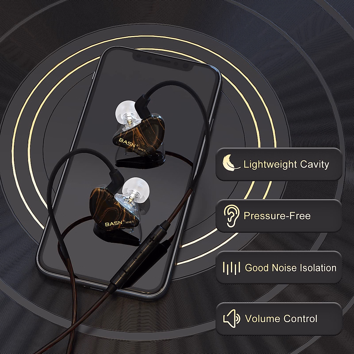 BASN MMCX in Ear Monitor Headphones,Triple Driver IEM in-Ear Earphone for Musician Drummer, Noise-Isolation HiFi Stereo Earbuds with Two Detachable Cables(Golden Obsidian)