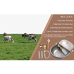 Automatic Water Bowl,Pet Water Dispenser with Float Valve,Stainless Steel Bucket no Splash Dog Drinking Dish, Water Trough with Discrete 3/4 to 1/2" Adapter (with Drainage Hole)