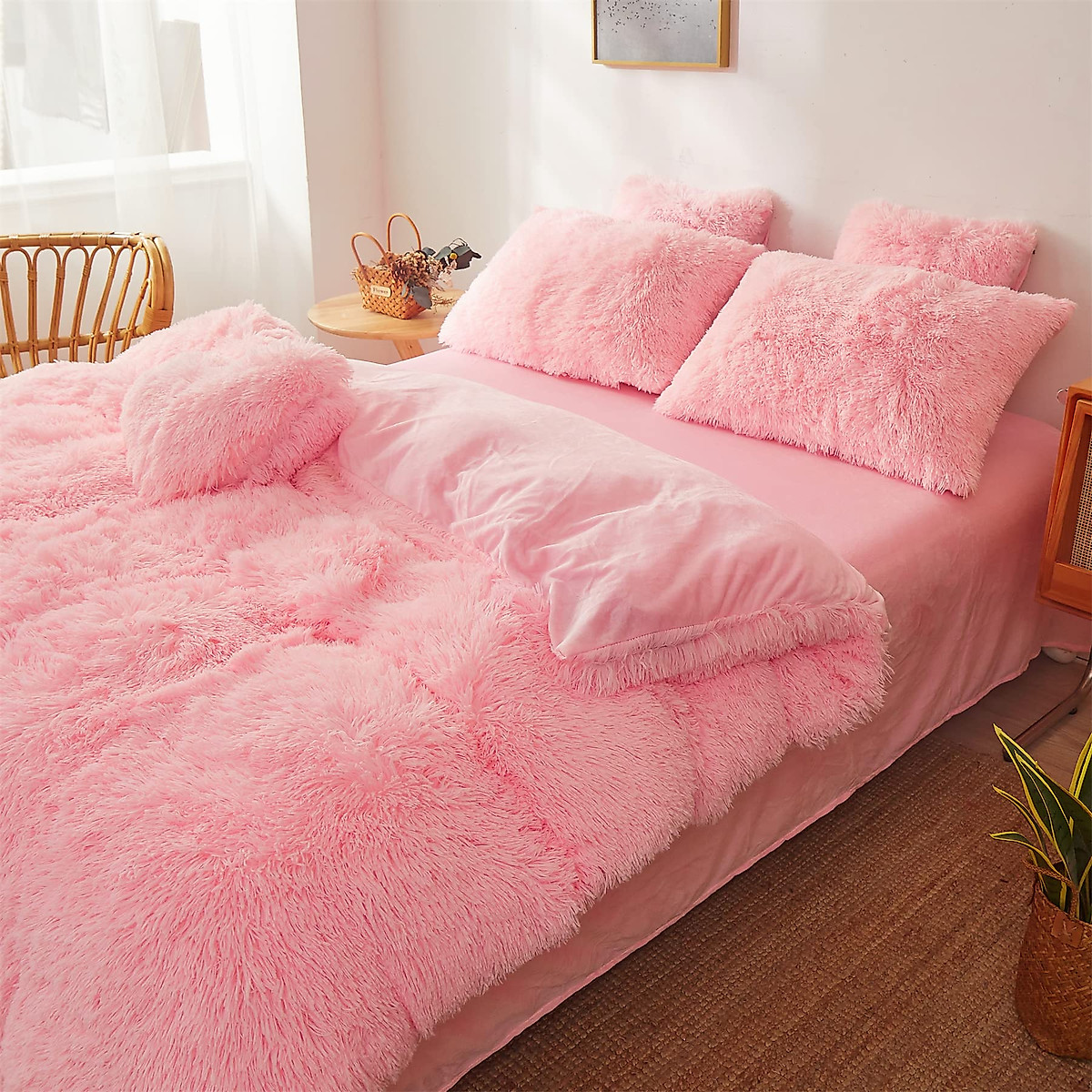 Fluffy Pink Twin Size Comforter Cover - Ultra Soft Plush Bedding Set With Faux Fur and Fuzzy Pillowcase for Girls Bedroom (Light Pink)