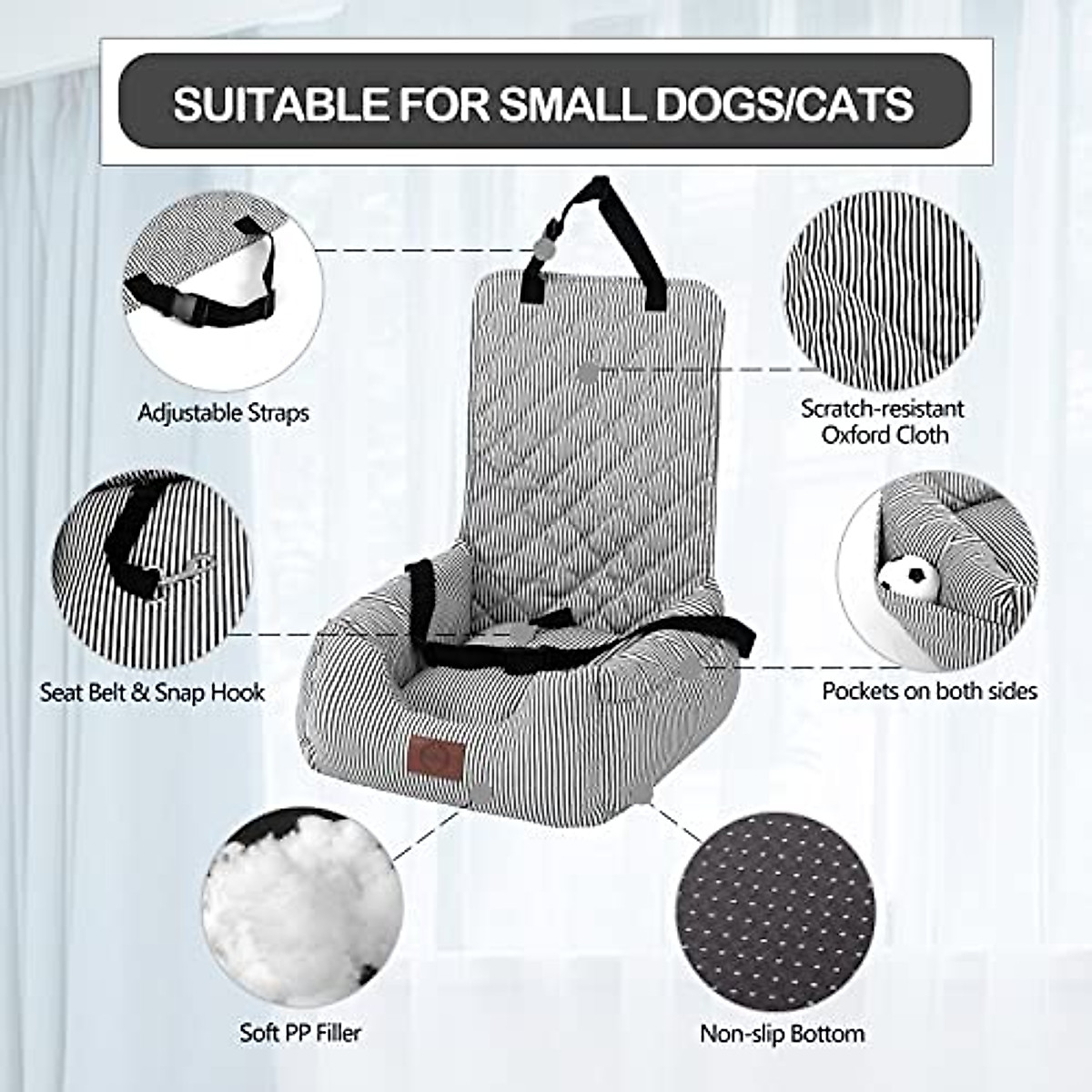 FAREYY Dog Car Seat for Small Dogs, Pet Booster Seat Fully Detachable Washable Dog Seat for Car Travel Dog Bed with Storage Pockets and Clip-On Safety Leash