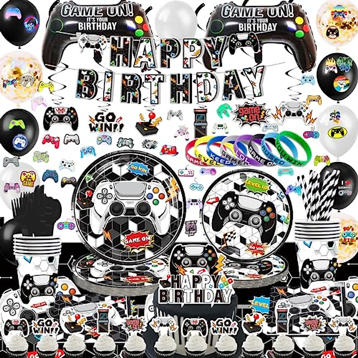 Gamer Birthday Party Decoration - 275Pcs Black White Video Game Gaming Party Supplies For Boys Birthday Party - Table Cover, Plates, Cups, Napkins, Utensils, Hanging Swirls, Birthday Banner, Cupcake Topper, Cake Topper, Stickers, Bracelets & Balloons Serv