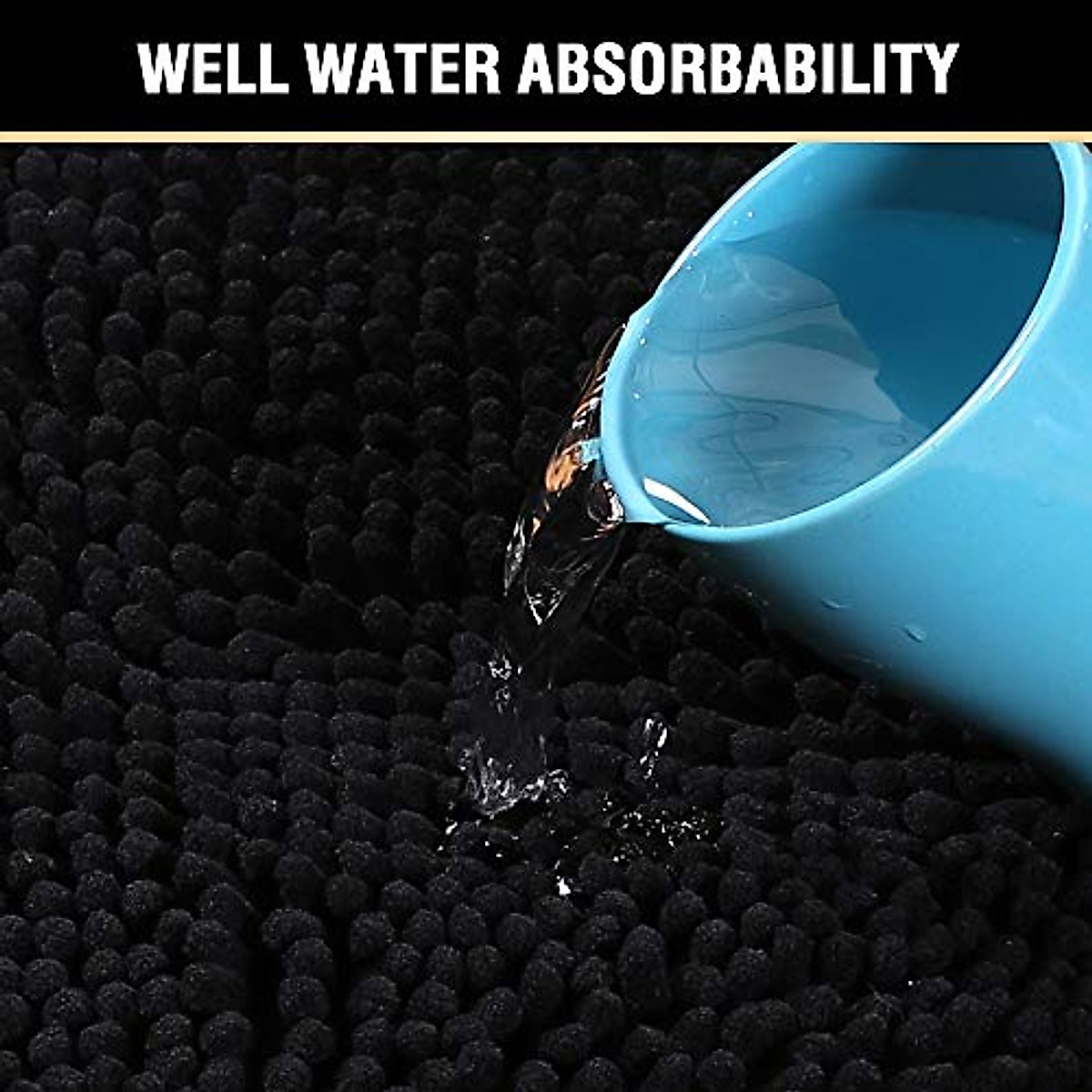 H.VERSAILTEX (Set of 2) Super Thick Soft Shaggy Chenille Bath Mats Machine Washable Bath Rugs Set for Bathroom, Dry Fast Water Absorbent Bath Mats, Black (Pack 2-20" x 32"/17" x 24")