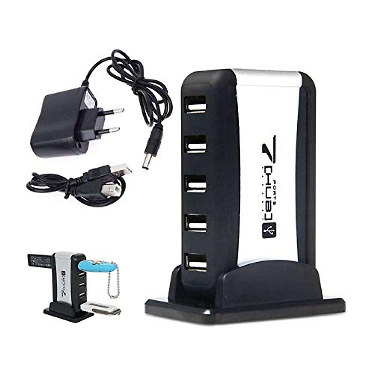 Lysee Cable Winder - AABB-EU Plug External Hub 7 USB 2.0 Ports with Multi-Socket Power Supply Slot for Notebook Pc Mac - (Color: Black)