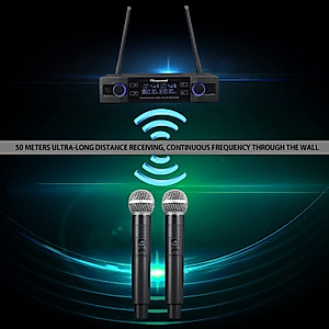 Wireless microphone, dual channel professional cordless dynamic wireless microphone, handheld wireless microphone system for home karaoke, conferences, parties, churches, weddings, parties, 160 ft