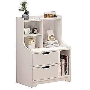 DNYSYSJ Wood End Table with 2 Drawers, White Nightstand with Storage Shelf Side Table Cabinet Bedside Furniture Books Storage Stand for Living Room Bedroom