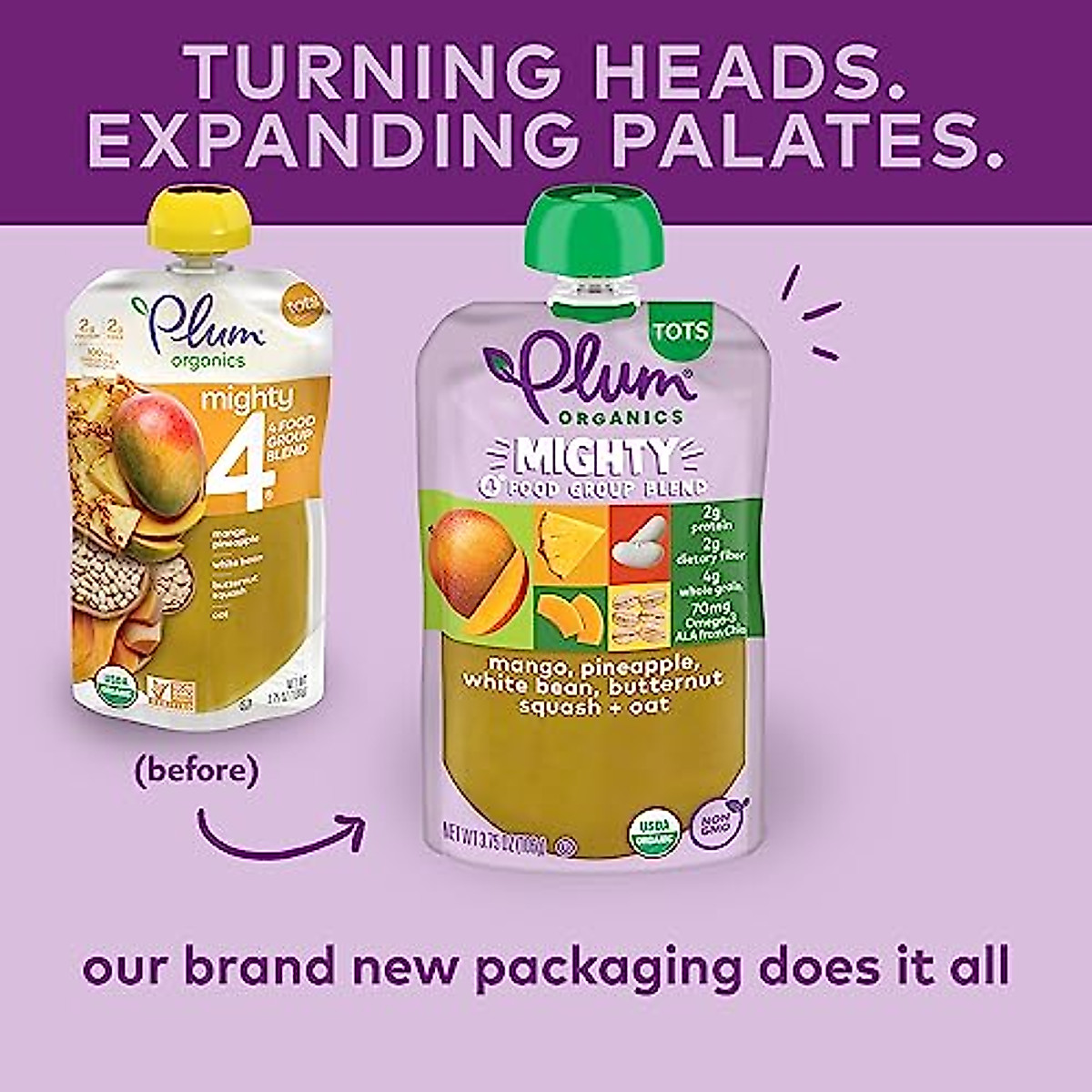 Plum Organics Mighty 4 Organic Toddler Food - Mango, Pineapple, White Bean, Butternut Squash, and Oat - 3.75 oz Pouch (Pack of 12) - Organic Fruit and Vegetable Toddler Food Pouch