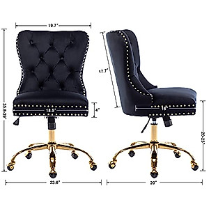 QUINJAY Velvet Home Office Desk Chair, Upholstered Adjustable Swivel Desk Chair with Gold Base, Tufted Study Desk Chair with Comfy High Back for Teens Study Makeup Black