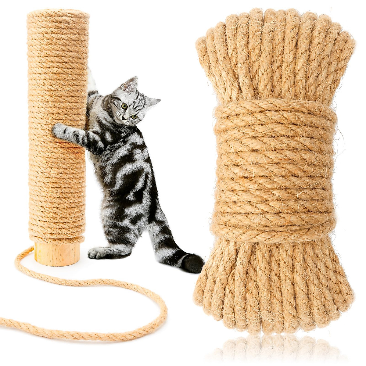 KDAOQN 1/4 Inch Natural Hemp Rope for Cat Scratcher Replacement - 50FT Jute Twine for Scratching Post, Tower Repair and Tree Replacement
